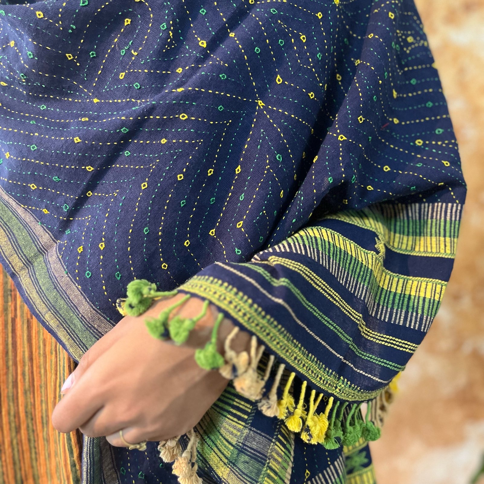 Handmade Rabari Embroidered Kala Cotton, Prussian Blue Shawl – Pabiben