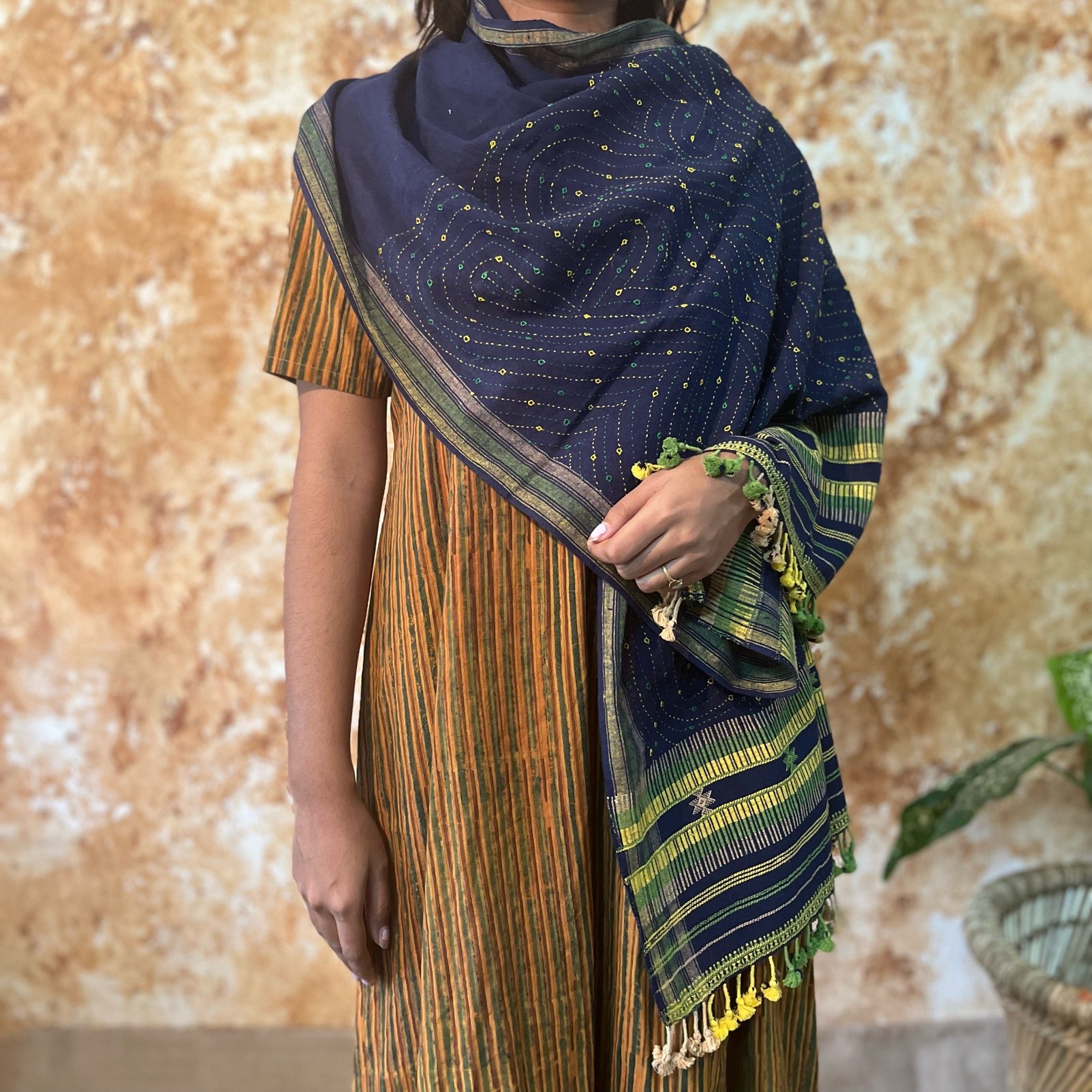 Handmade Rabari Embroidered Kala Cotton, Prussian Blue Shawl – Pabiben