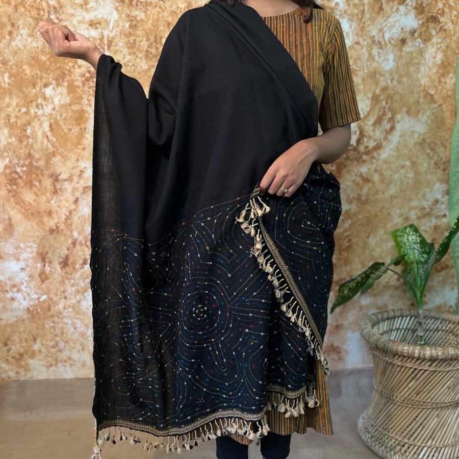 100% Handmade, Black Rabari Embroidered Shawl - Pabiben