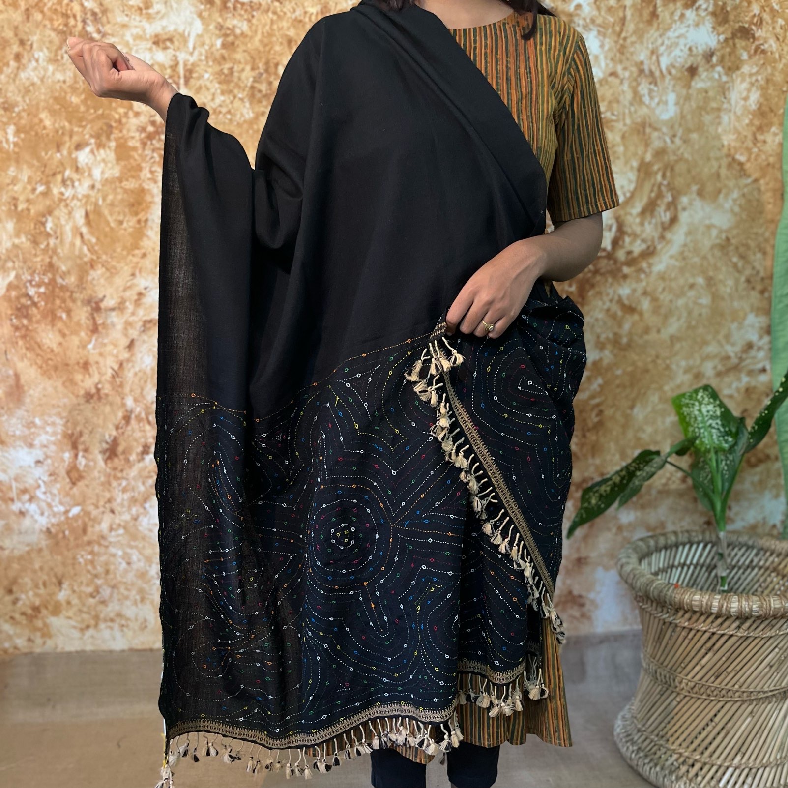 100% Handmade, Black Rabari Embroidered Shawl - Pabiben