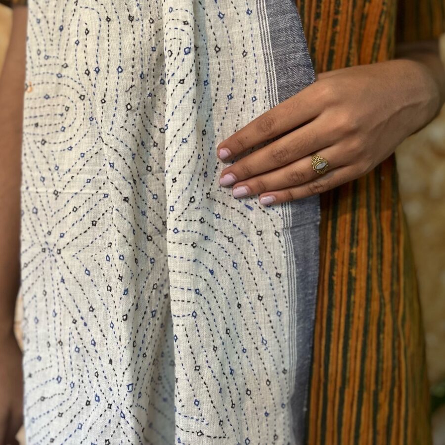 Premium Handmade, White Colour, Rabari Embroidered Stole - Pabiben