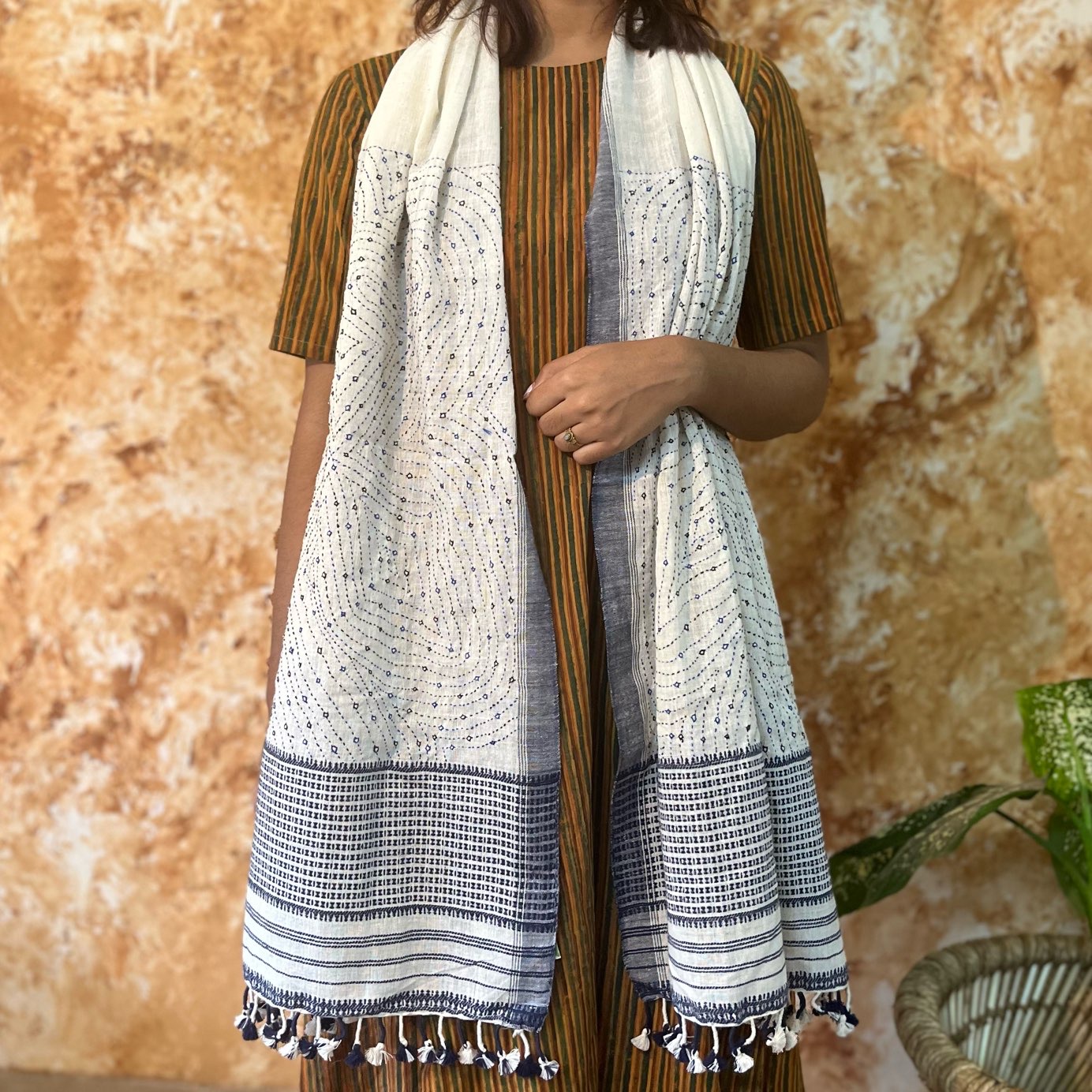 Premium Handmade, White Colour, Rabari Embroidered Stole - Pabiben