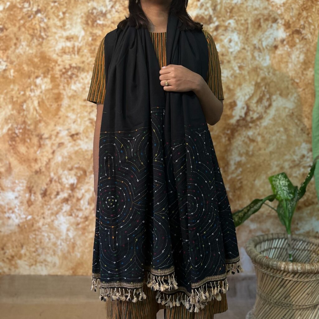 100% Handmade, Black Rabari Embroidered Shawl - Pabiben