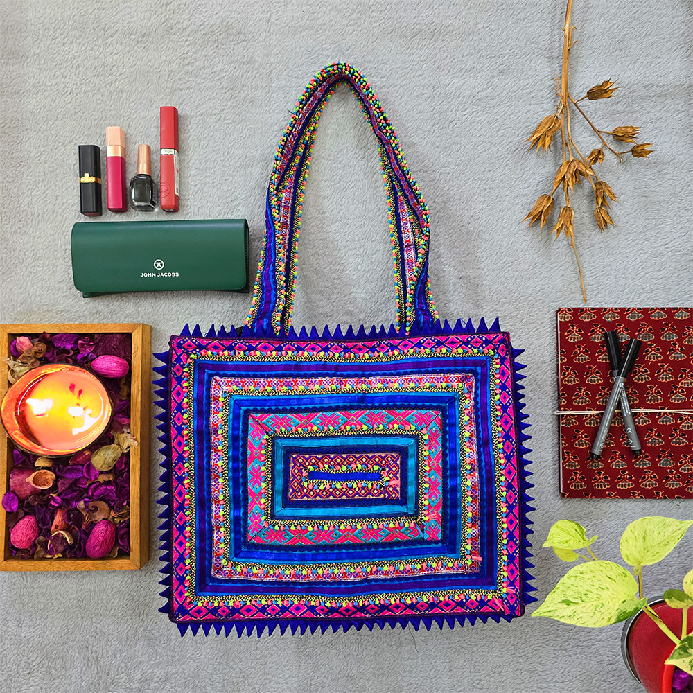 Premium Cotton Fabric Kutch Ebroidered Blue Pabi Bag [Medium] – Pabiben